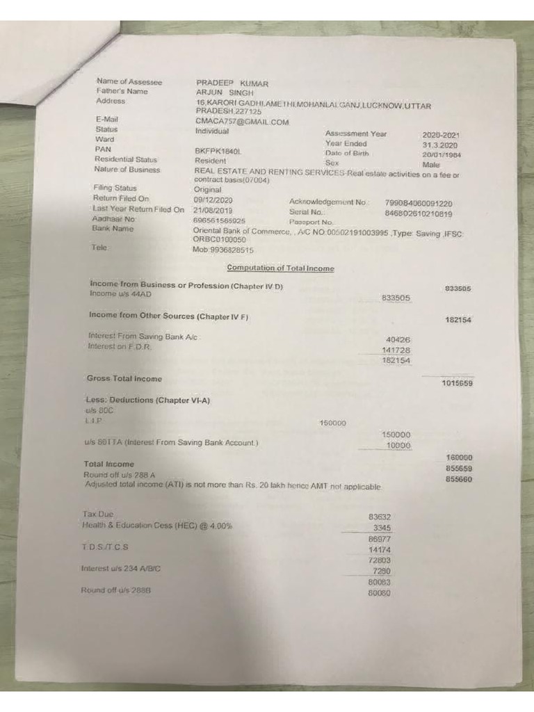 ITR Computation 2020-2021 | PDF