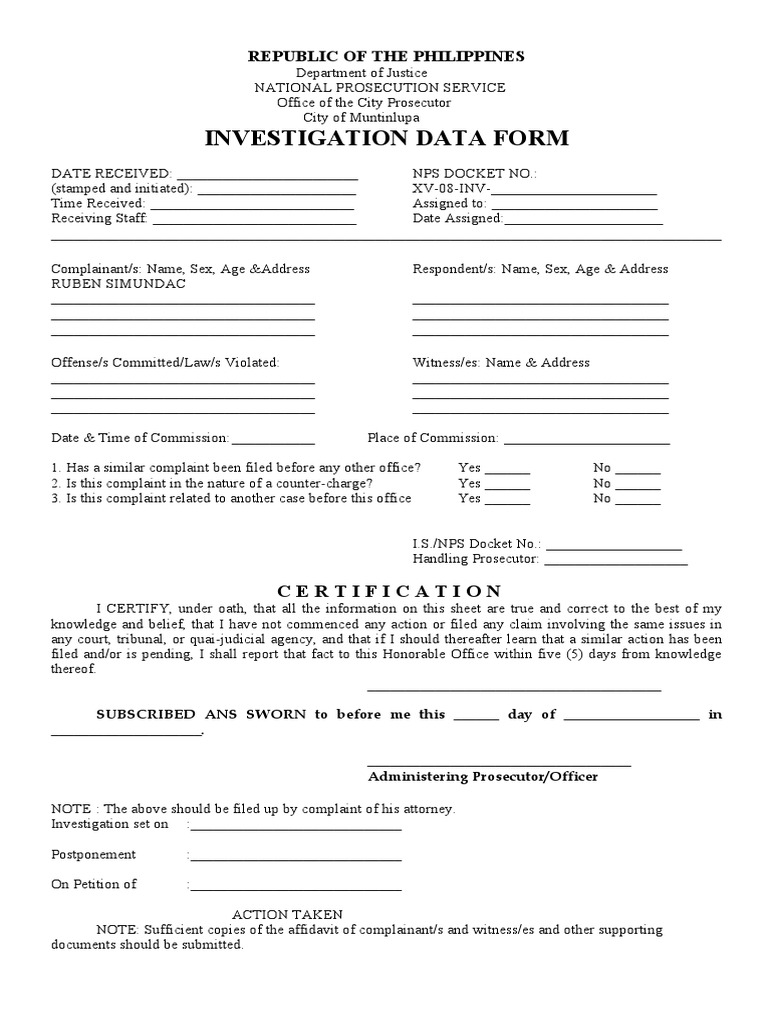 INVESTIGATION DATA FORM Blank | PDF | Complaint | Prosecutor