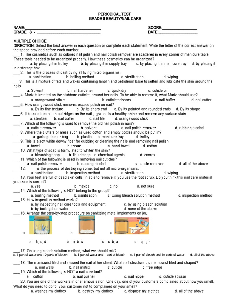 Grade 8 Nail Care Quiz | PDF | Nail (Anatomy) | Bleach