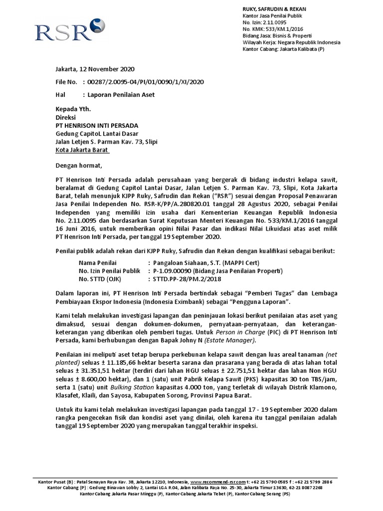 00287-XI-2020 LPEI-PT Henrison Inti Persada Kebun&PKS Ok1 | PDF