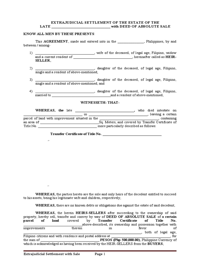 EXTRAJUDICIAL SETTLEMENT OF THE ESTATE OF THE Blank 1 | PDF | Deed ...
