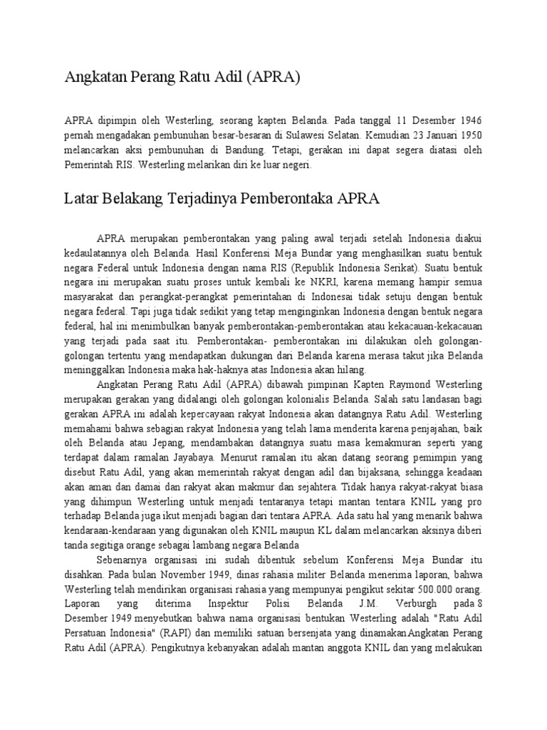 Pemberontakan APRA dan Ratu Adil | PDF