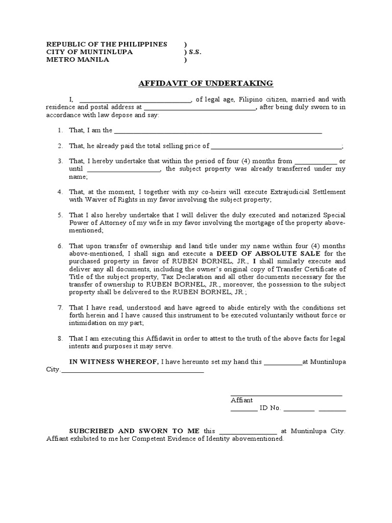 Affidavit of Undertaking for Property Transfer | PDF | Affidavit ...