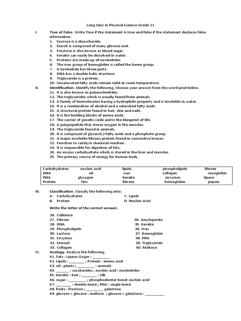 Grade 11 Physical Science Quiz | PDF | Carbohydrates | Lipid