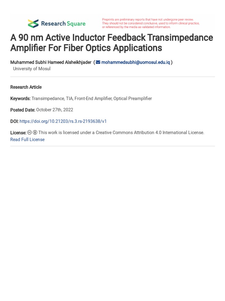 A 90 NM Active Inductor Feedback Transimpedance Amplifier For Fiber Optics Applications | PDF ...