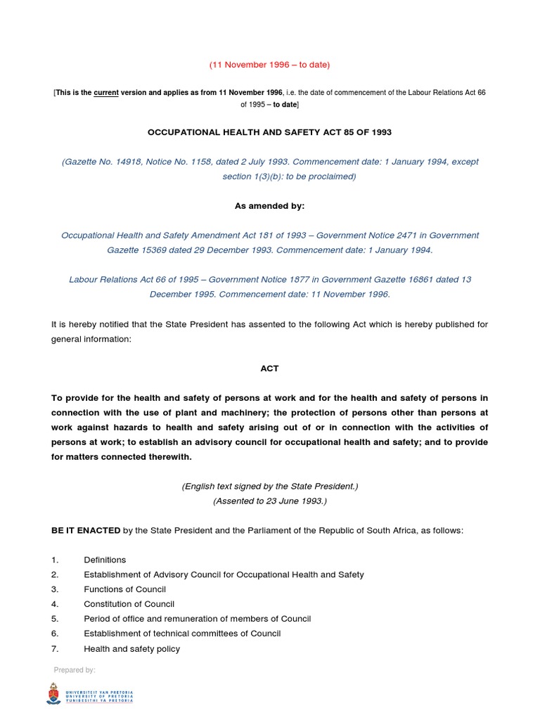 85 OF 1993 OCCUPATIONAL HEALTH AND SAFETY ACT - 11 Nov 1996 - To Date | PDF