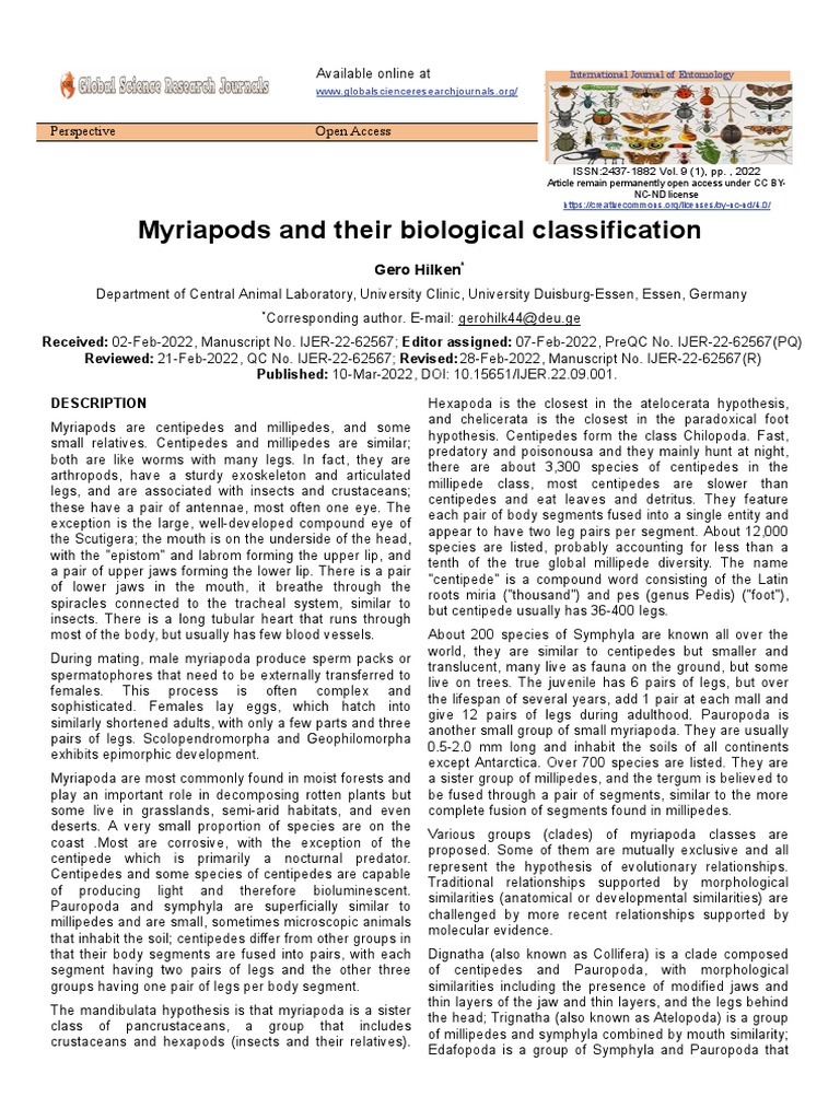 Myriapods and Their Biological Classification | PDF | Arthropods | Taxa