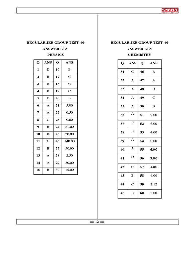 Regular Jee GT - 03 Answerkey | PDF