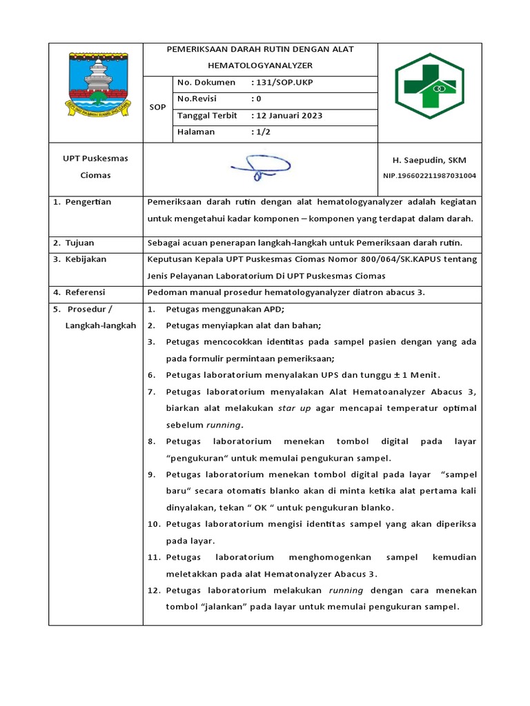 3.9.1 SOP Pemeriksaan Darah Rutin Dengan Alat Hematology Analyzer | PDF