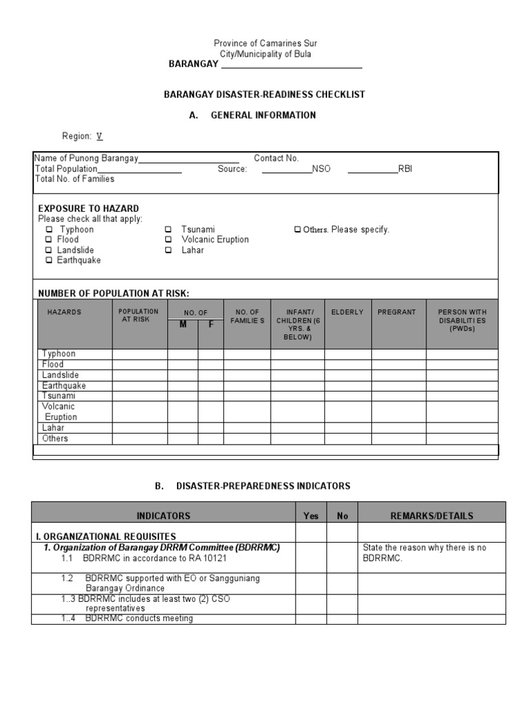 Brgy Disaster Readiness Checklist | Download Free PDF | Emergency ...