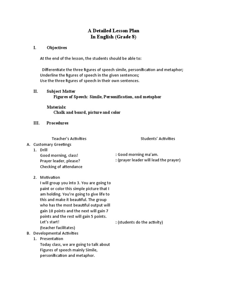 Grade 8 Lesson Plan: Figures of Speech | PDF | Metaphor | Cognition