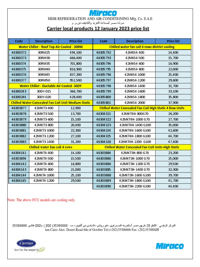 Carrier FCU Price List 2023 | PDF | Air Conditioning | Electrical ...