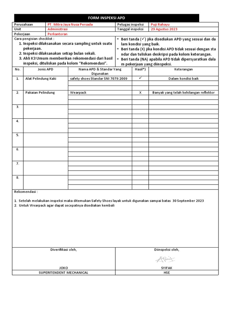 Form Inspeksi APD Perkantoran 2023 | PDF | Teknologi & Rekayasa