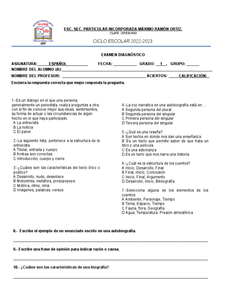 Examen Diagnóstico Esp 1 Secundaria | PDF | Narración