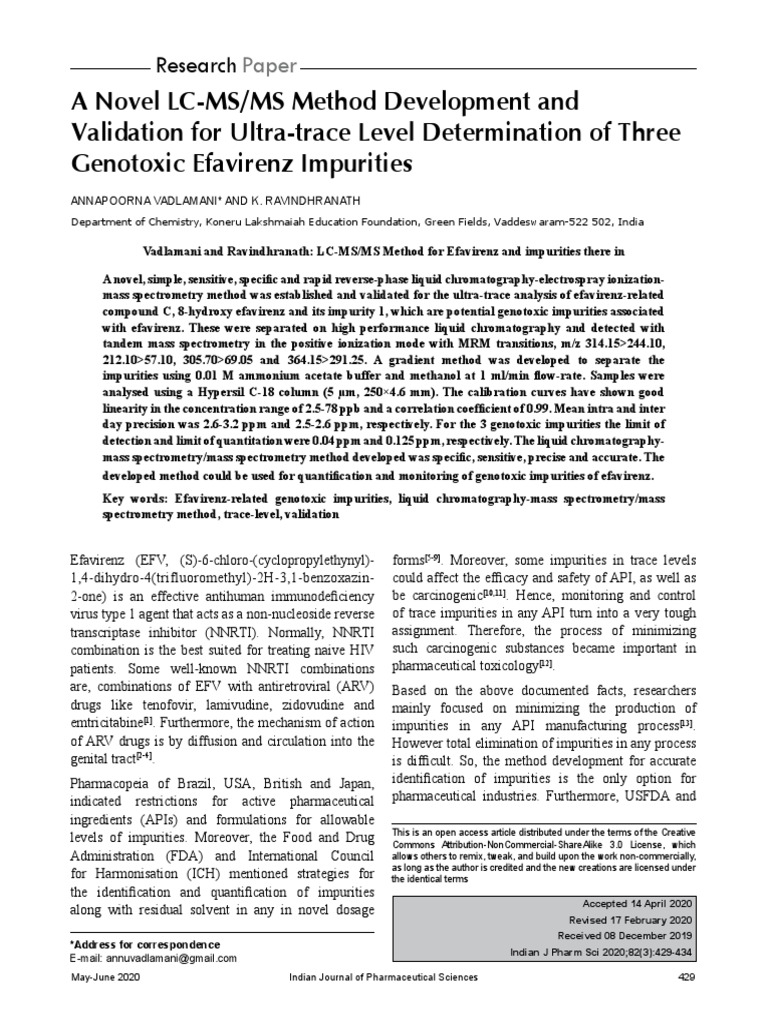 EFAVIRENZ - A Novel Lcmsms Method Development and Validation For Ultratrace Level Determination ...
