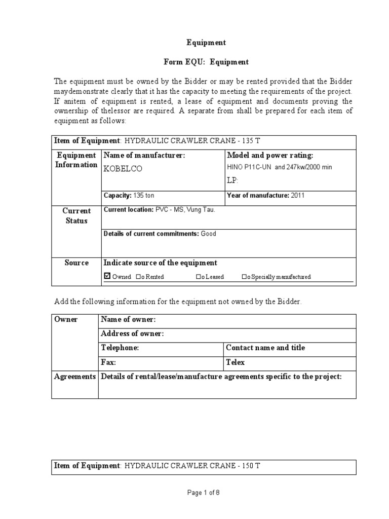 Hydraulic Crawler Crane Equipment List | PDF | Equipment | Secondary ...