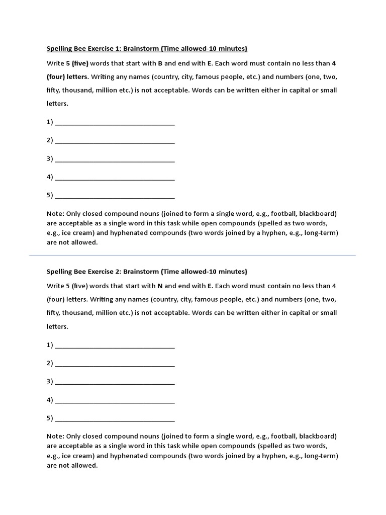 Spelling Bee Exercise 1 Brainstorm | PDF