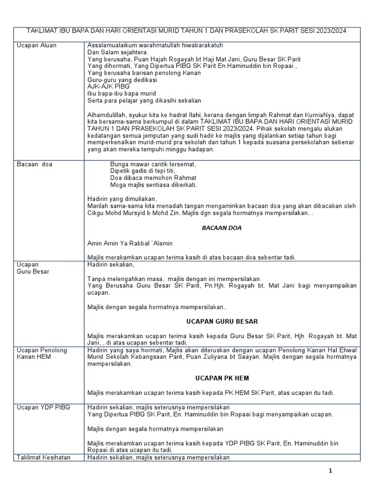Teks Ucapan Pengacara Majlis Hari Orientasi Tahun 1 Dan Pra Sekolah | PDF