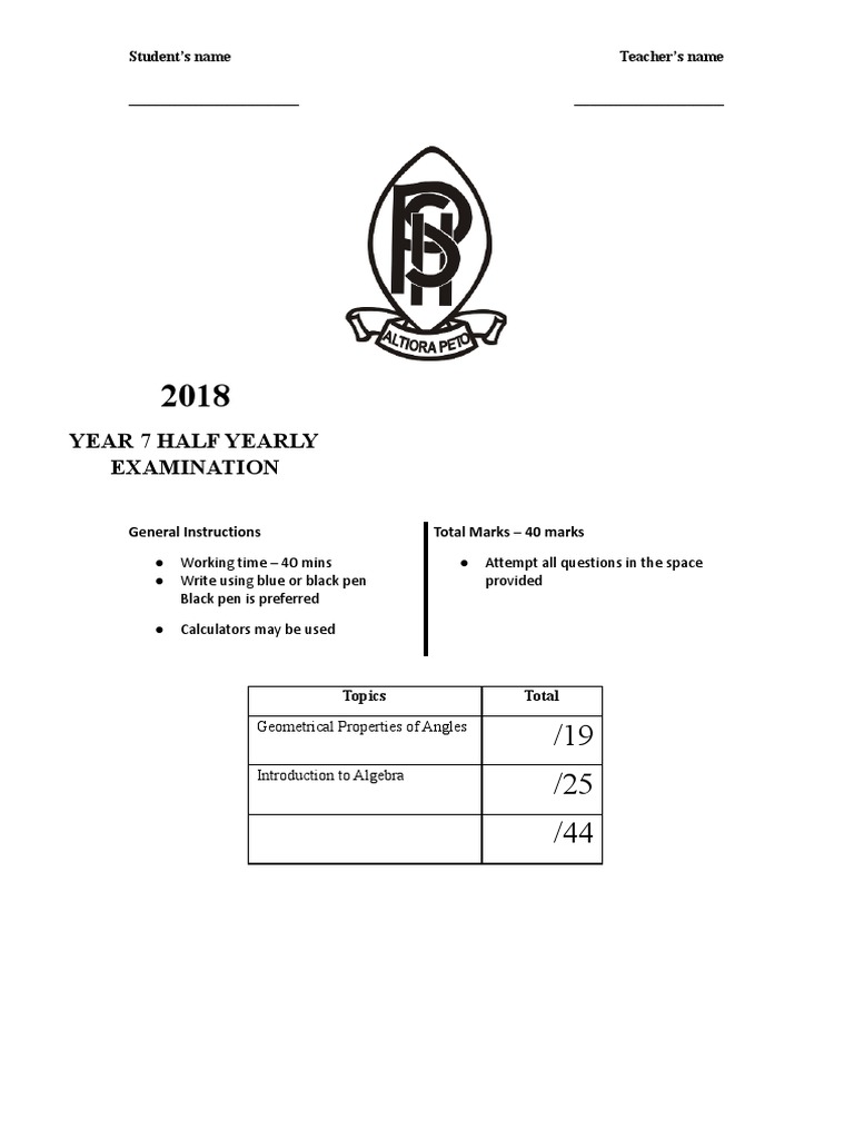 2018 Year 7 Half Yearly Paper Pdf Angle Algebra