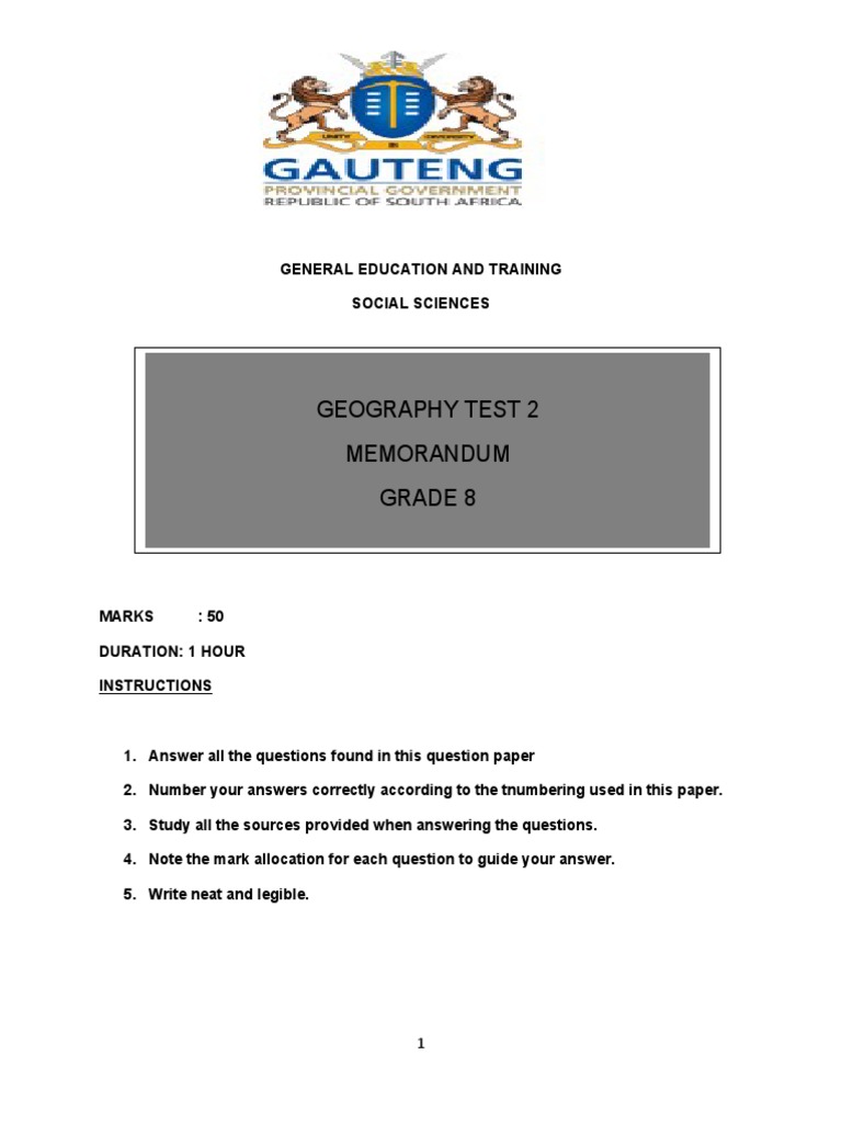 Grade 8 Test Term 1 Exemplar 2 MEMO | PDF | Map | Geography