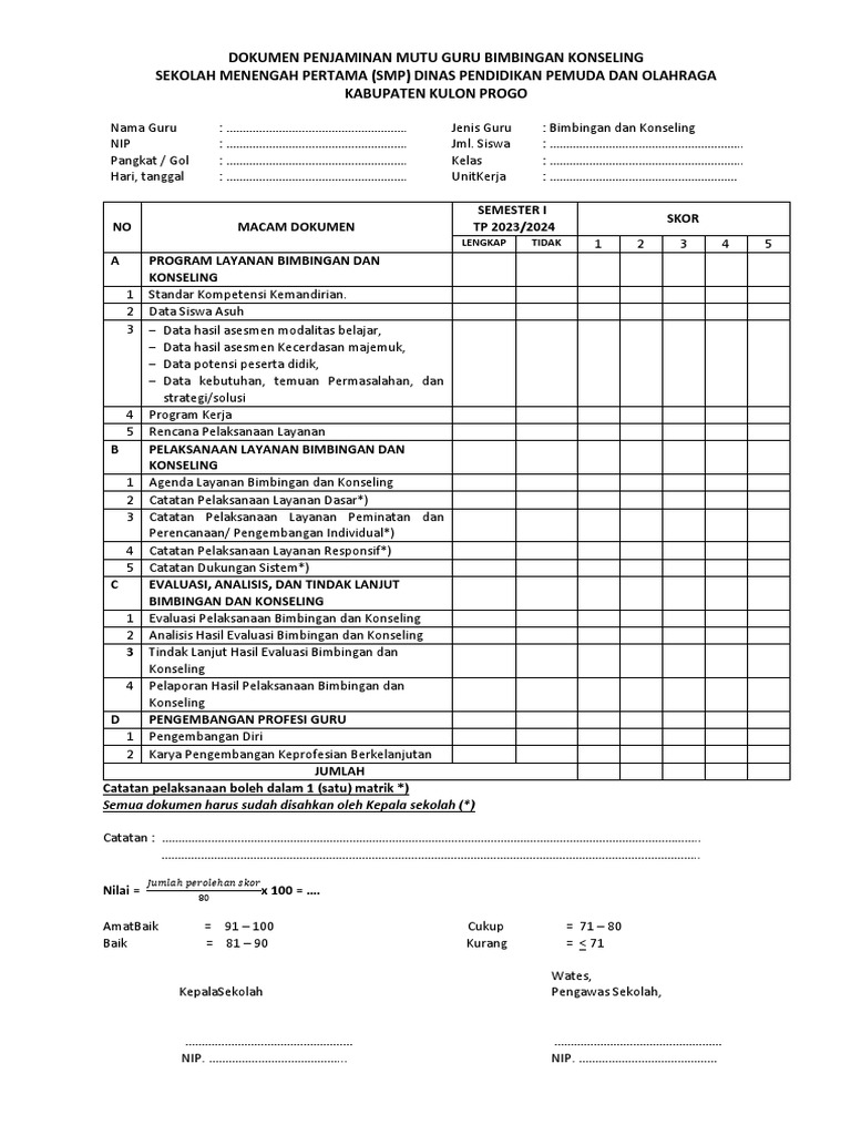 9.b. Dokumen Mutu Guru BK 2324 - smt1 | PDF