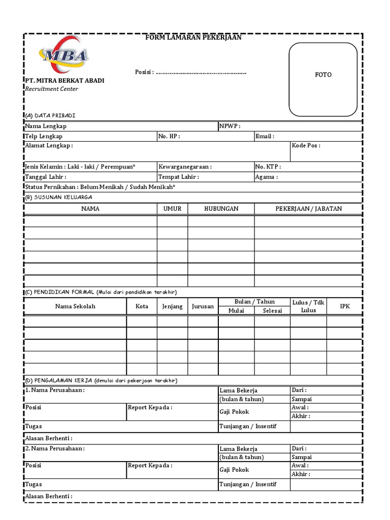 Draft Form Lamaran Pekerjaan PT Mitra Berkat Abadi | PDF