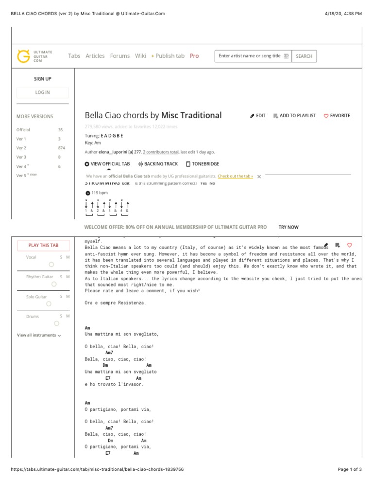 BELLA CIAO CHORDS (Ver 2) by Misc Traditional @ | PDF