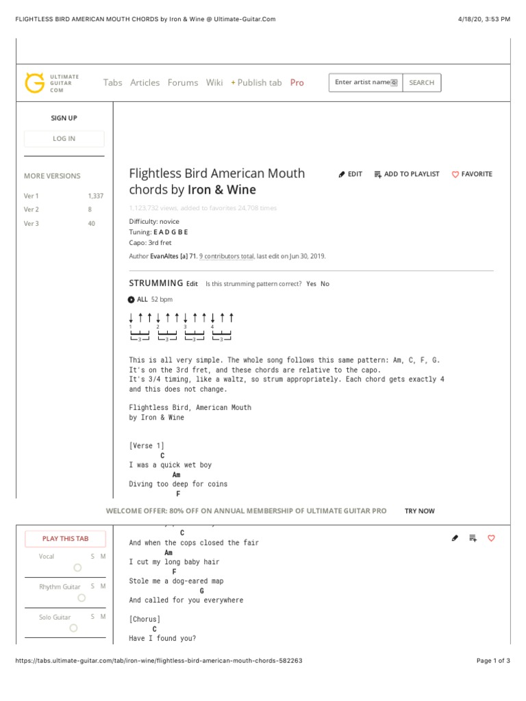 FLIGHTLESS BIRD AMERICAN MOUTH CHORDS by Iron & Wine @ Ultimate-Guitar.Com | PDF