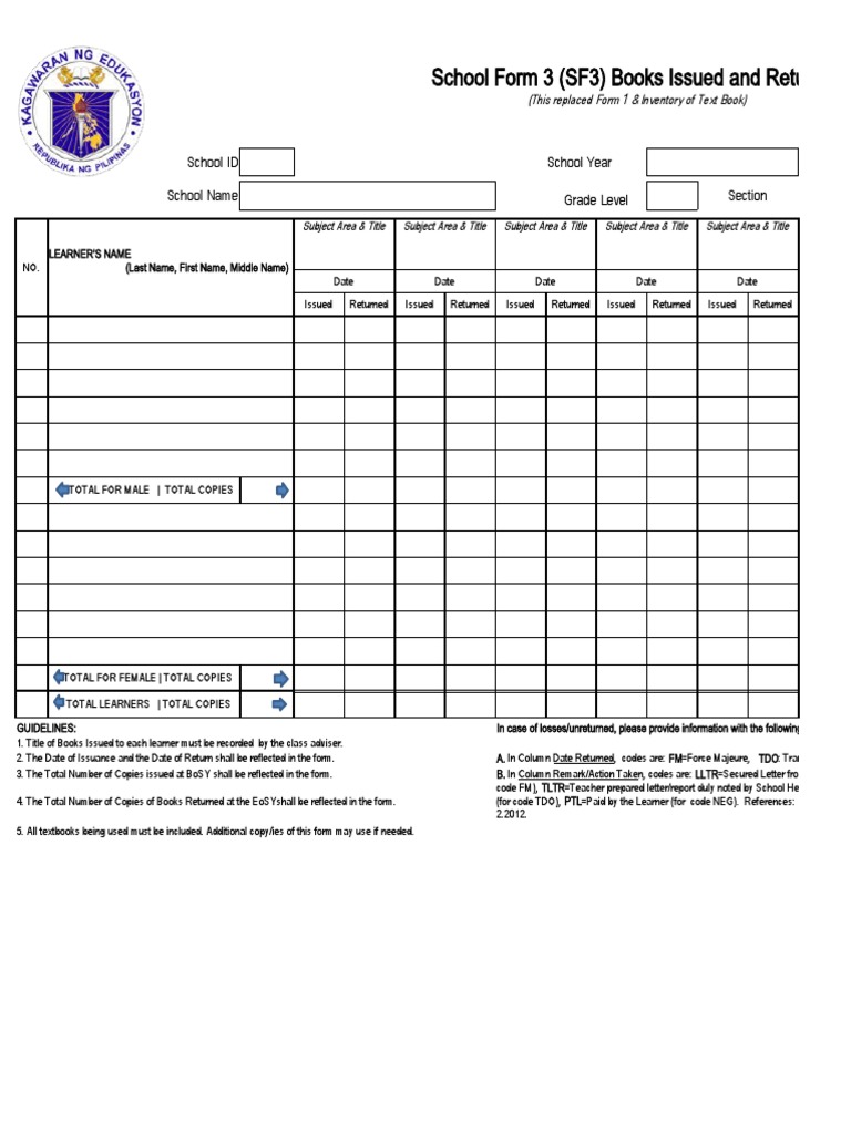 School Form 3 (SF3) Books Issued and Returned | PDF
