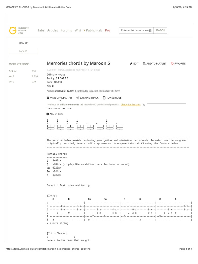 MEMORIES CHORDS by Maroon 5 @ | PDF | Song Structure | Guitars