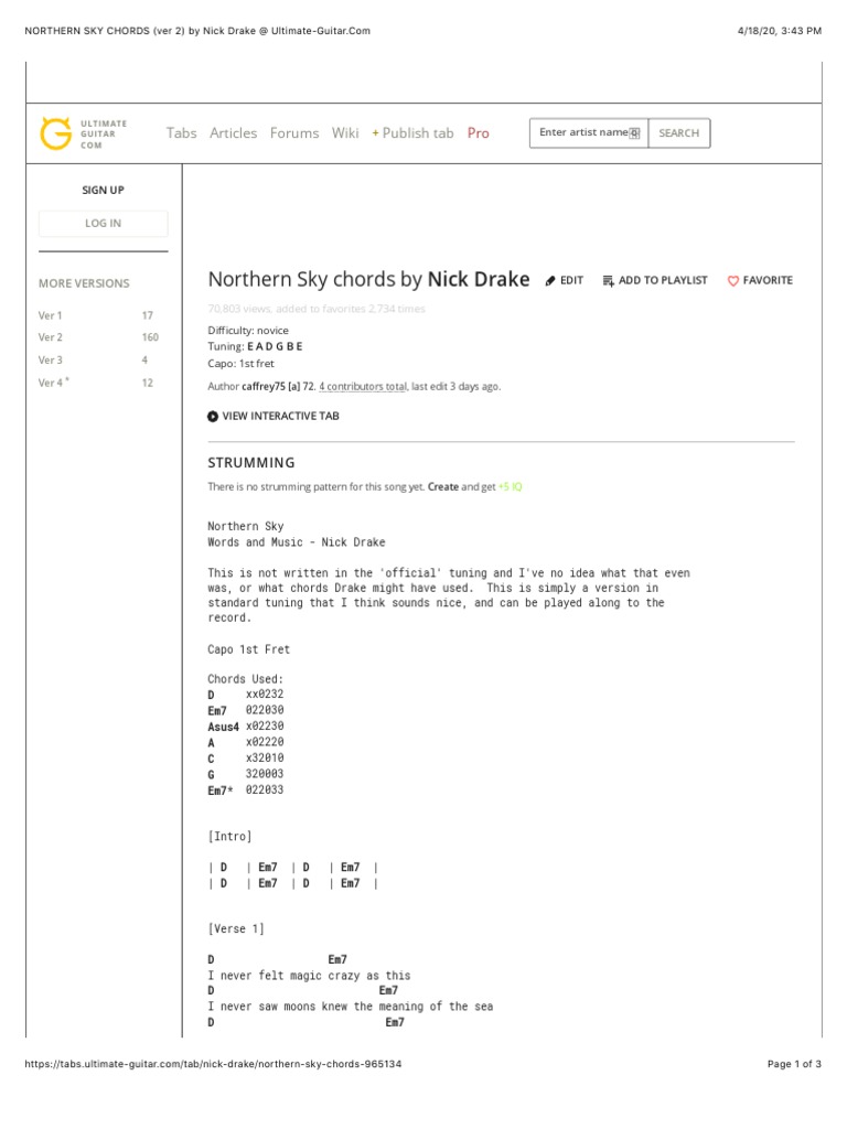 NORTHERN SKY CHORDS (Ver 2) by Nick Drake @ | PDF | Celtic Musical ...