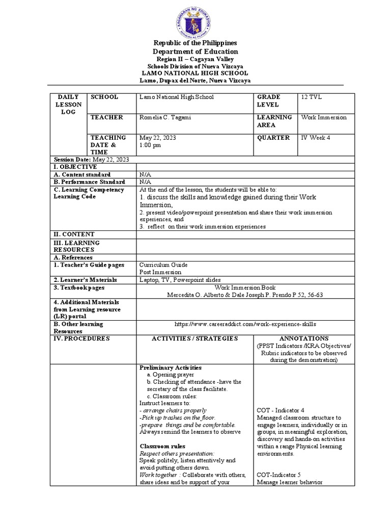 COT 2 2023 Work Immersion | Download Free PDF | Learning | Curriculum