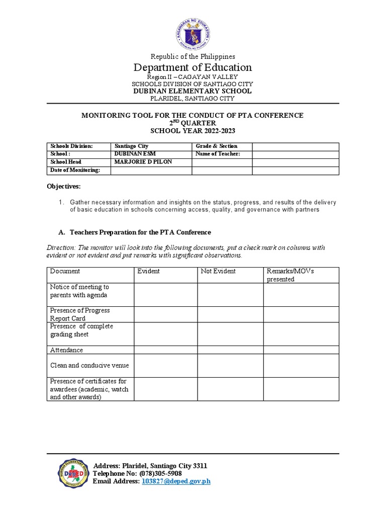 Monitoring Tool PTA | PDF | Teachers | Learning