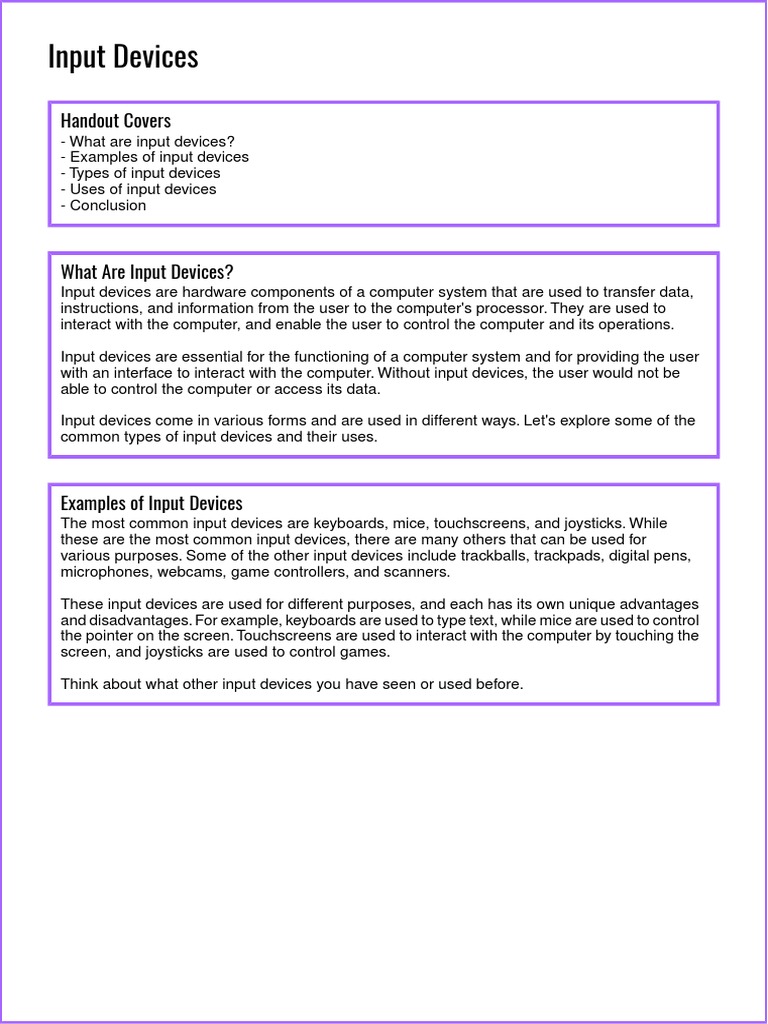 Input Devices Educational Handout | PDF | Input/Output | Computer Hardware Input Devices Educational Handout | PDF | Input/Output | Computer Hardware