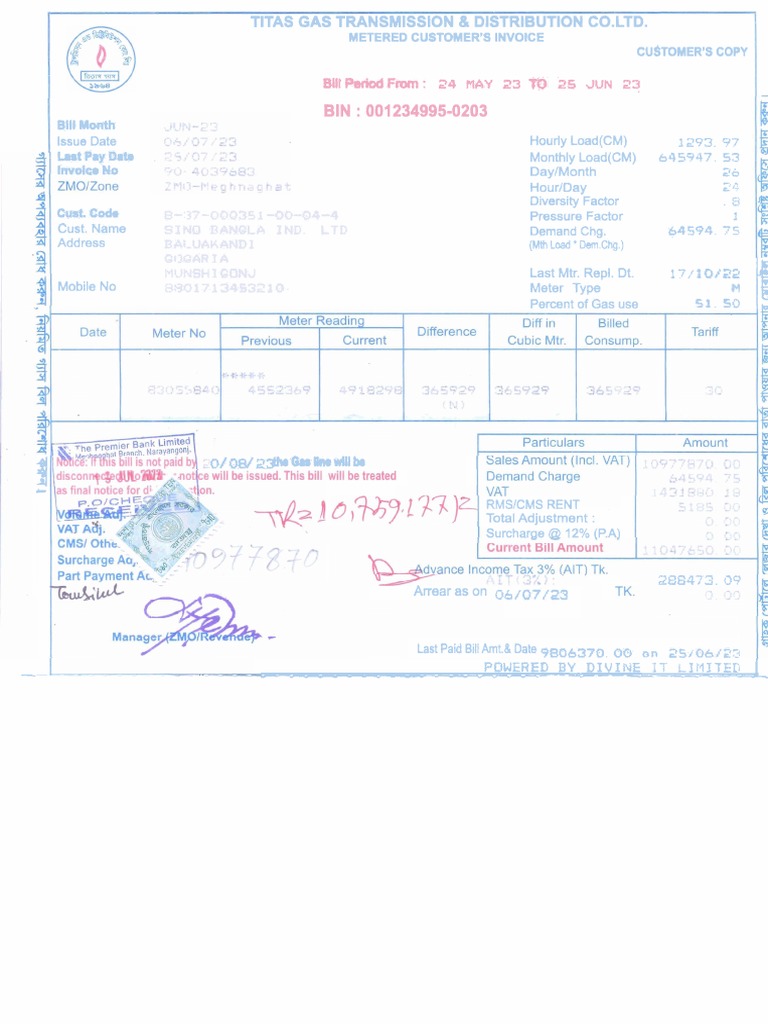 Titas Gas Monthly Bill Statement | PDF | Electrical Engineering | Power ...