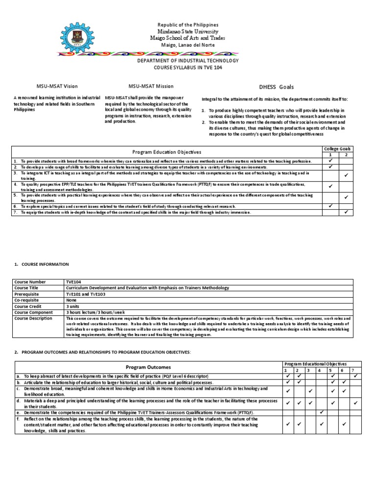 TVE104 Syllabus | PDF | Curriculum | Vocational Education
