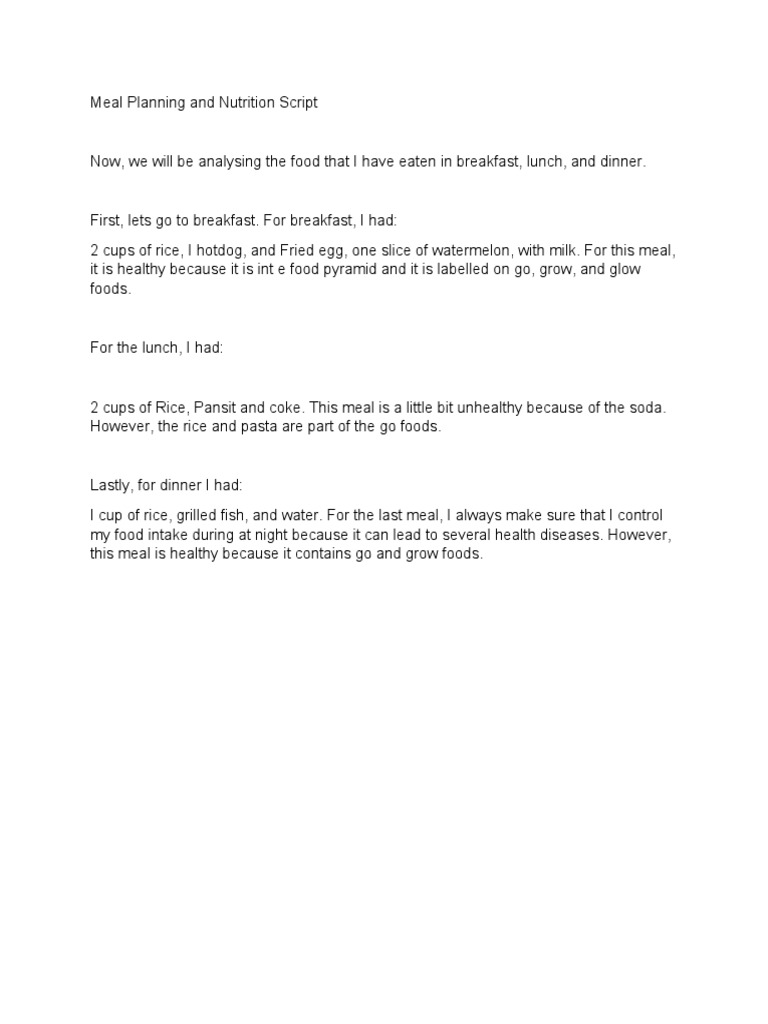 Meal Planning and Nutrition Script | PDF