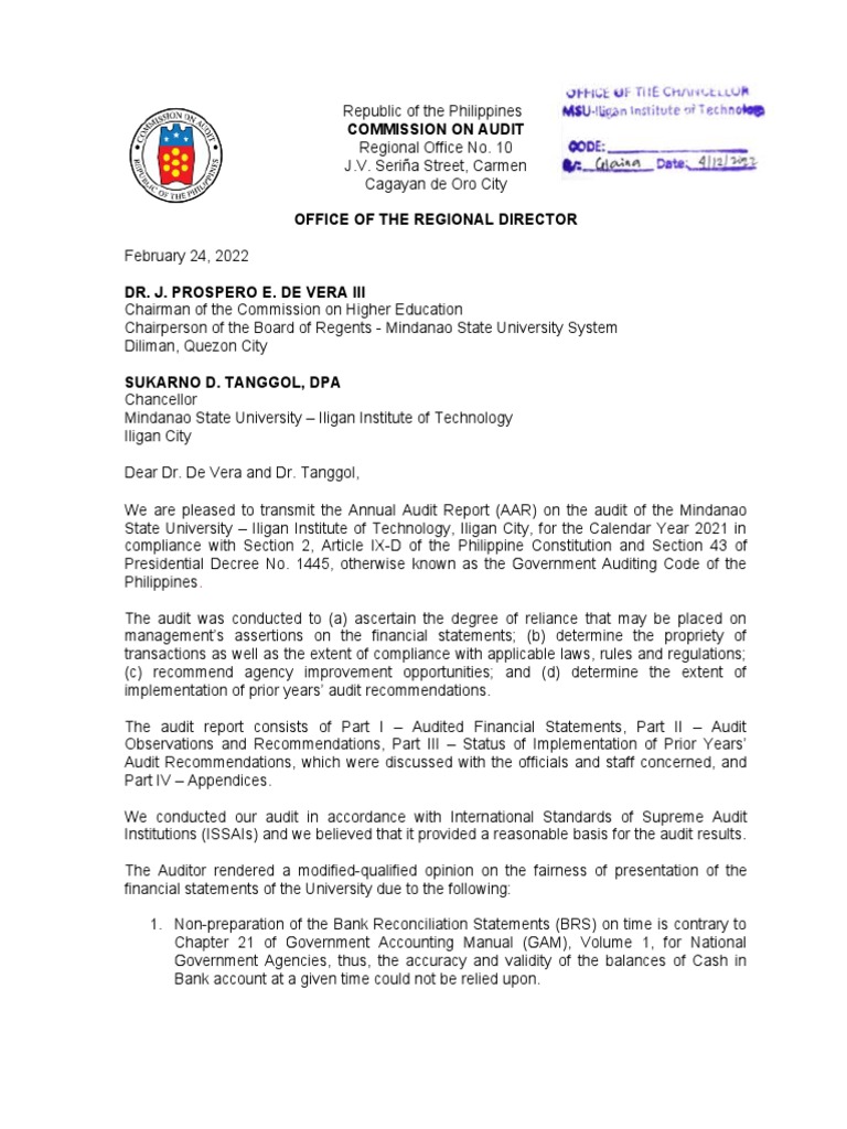 2021 Audit Report: MSU-IIT Findings | PDF | Audit | Auditor's Report