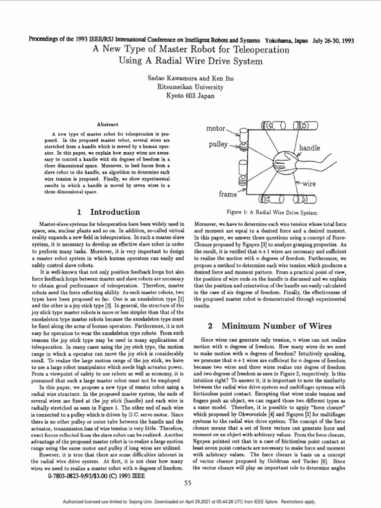 1993 A New Type of Master Robot For Teleoperation Using A Radial Wire ...