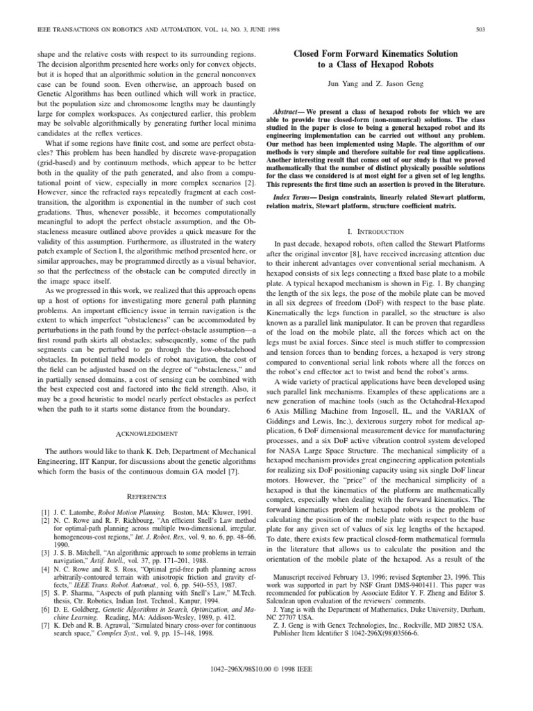 1998 Closed Form Forward Kinematics Solution To A Class of Hexapod Robots | PDF | Equations ...