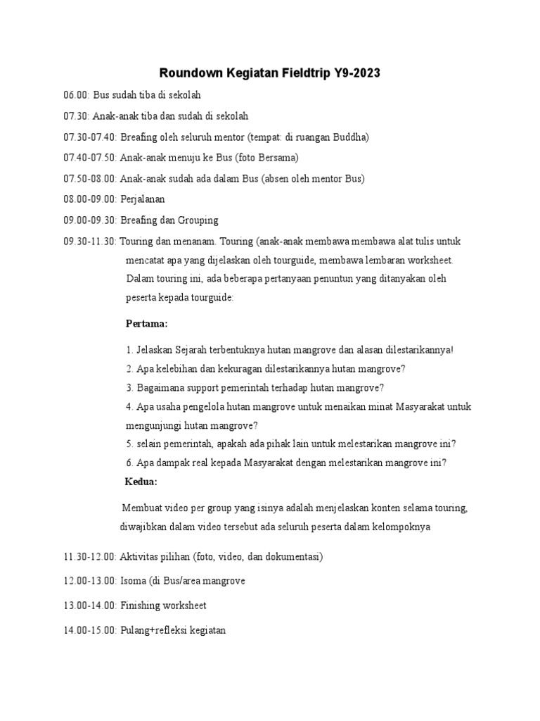 Roundown Kegiatan Fieldtrip Y91 | PDF