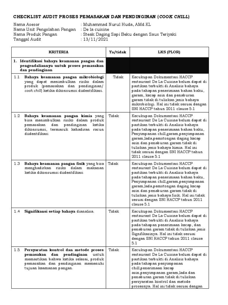 Audit HACCP Proses Cook Chill Steak | PDF