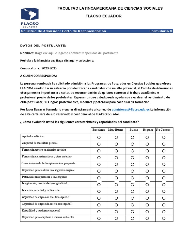 Carta de Recomendación FLACSO 2023-2025 | PDF | Cognición | Science