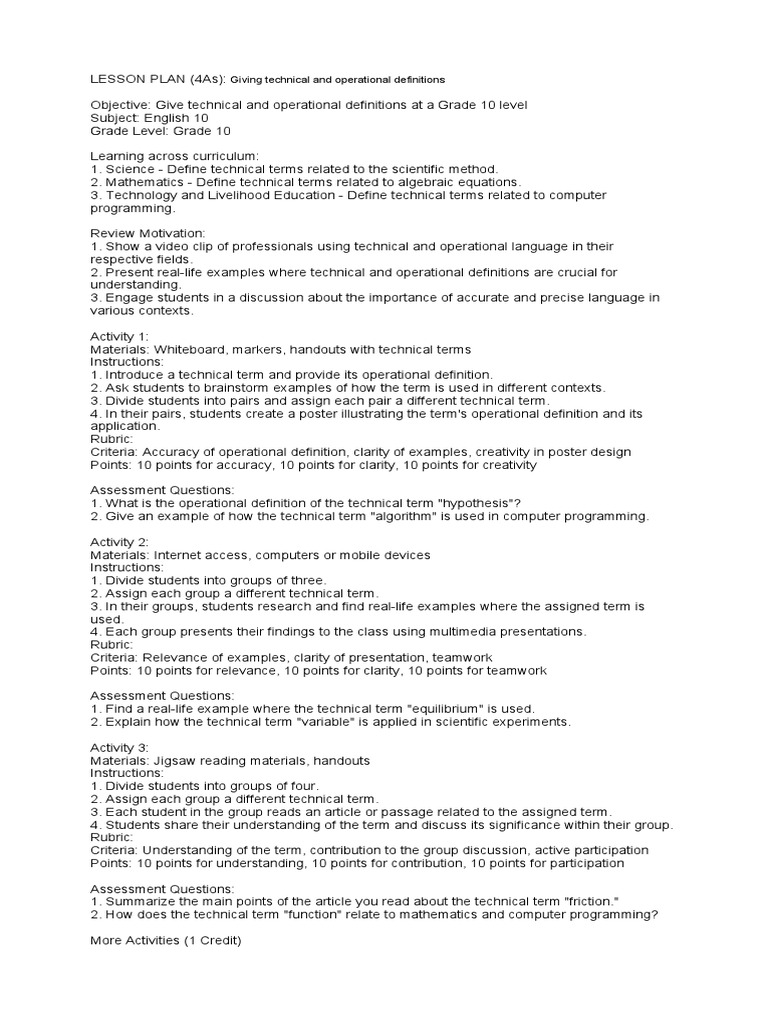 Grade 10 Lesson Plan: Technical Definitions | PDF | Career & Growth | Art