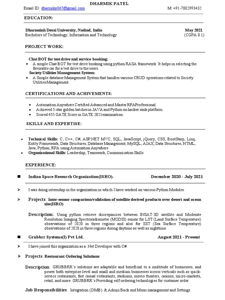 Resume Dharmik | PDF | Sea Surface Temperature | Information Technology