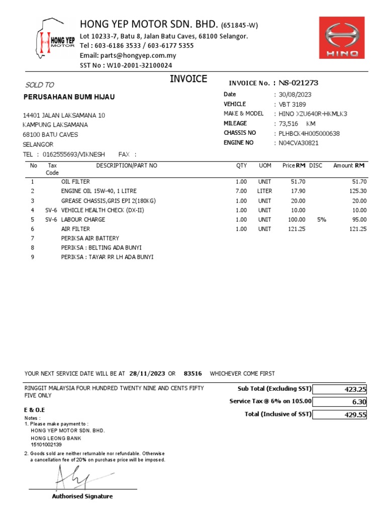 Invoice for Bumi Hijau - Hong Yep Motor | PDF | Vehicles | Payments