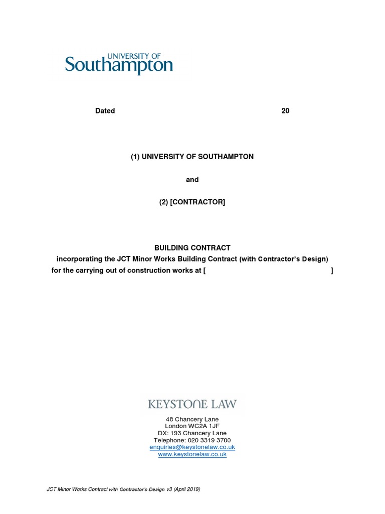 JCT Minor Works Contract With Contractors Design 2016 v3 April 2019 ...