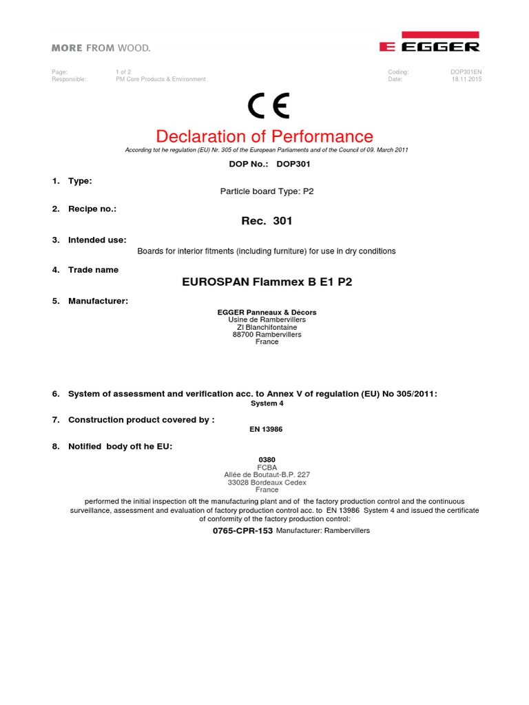 DOP CE EGGER Eurospan Mmex Rec301 EN | PDF | Physical Sciences | Materials