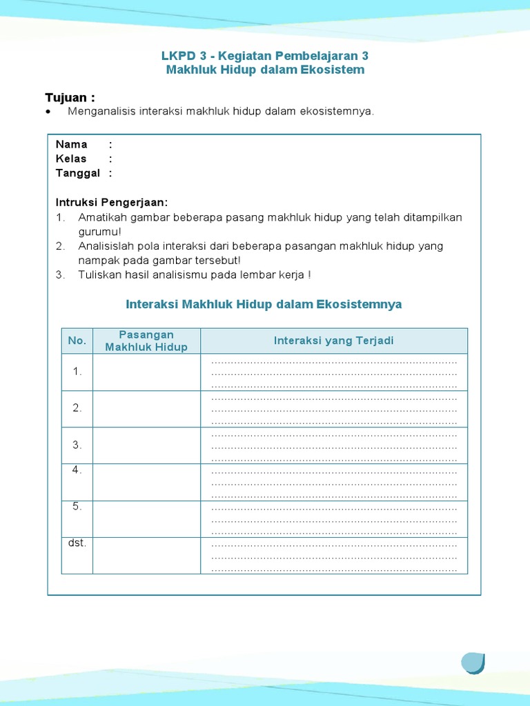 LKPD Pembelajaran 3 MAKHLUK HIDUP DALAM EKOSISTEM | PDF | Griya & Taman ...
