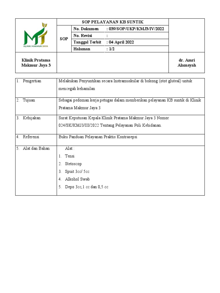 SOP PELAYANAN KB Suntik 3 Bulan | PDF